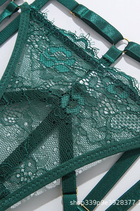 Ladies Hunter Green Sexy Eyelash Lace Bra Set with Garters, Matching T ...
