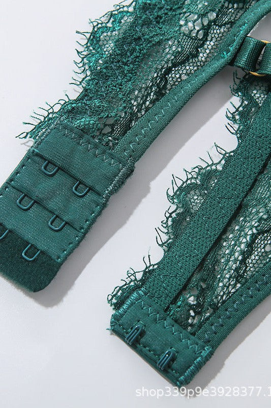 Ladies Hunter Green Sexy Eyelash Lace Bra Set with Garters, Matching T ...