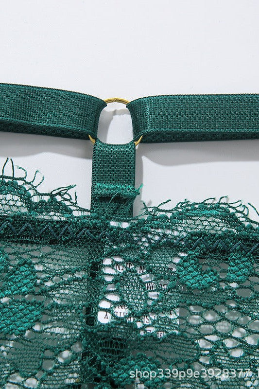 Ladies Hunter Green Sexy Eyelash Lace Bra Set with Garters, Matching T ...